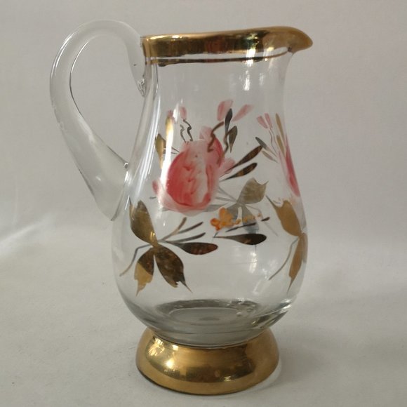 Accents | Vintage Small Glass Pitcher Vessel Handpainted Floral Design ...